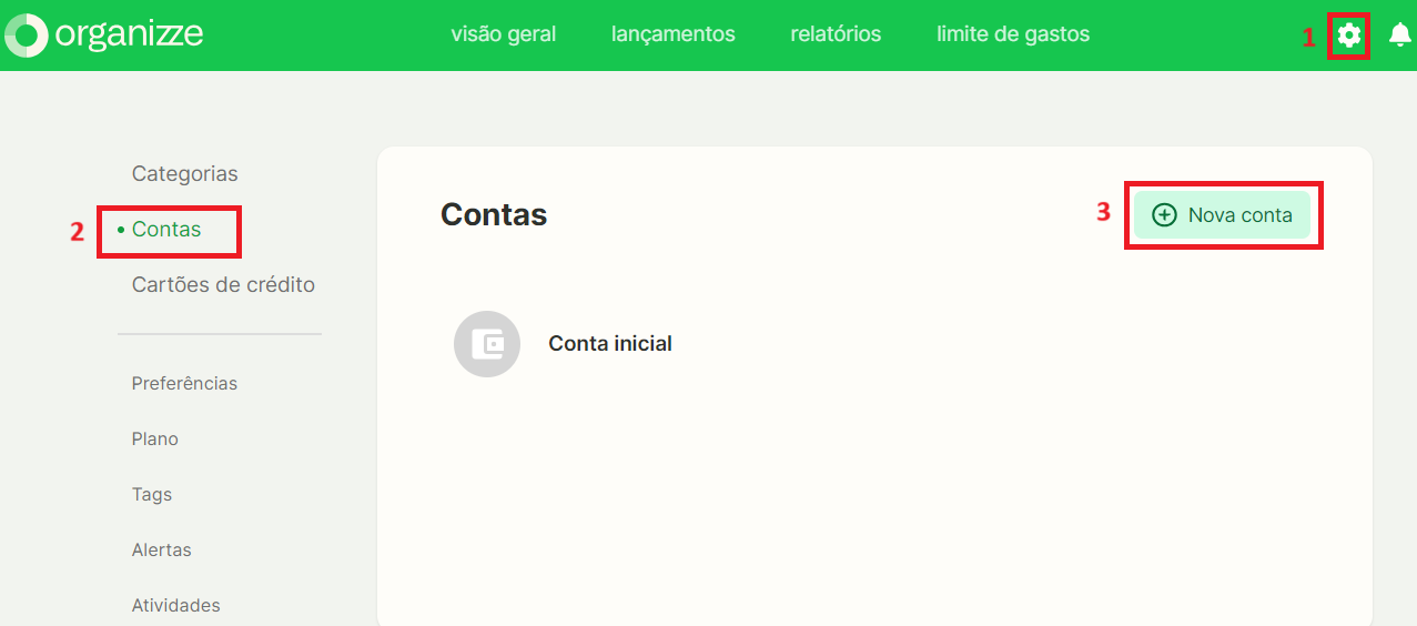 Web - Contas - Adicionar conta bancária – Organizze